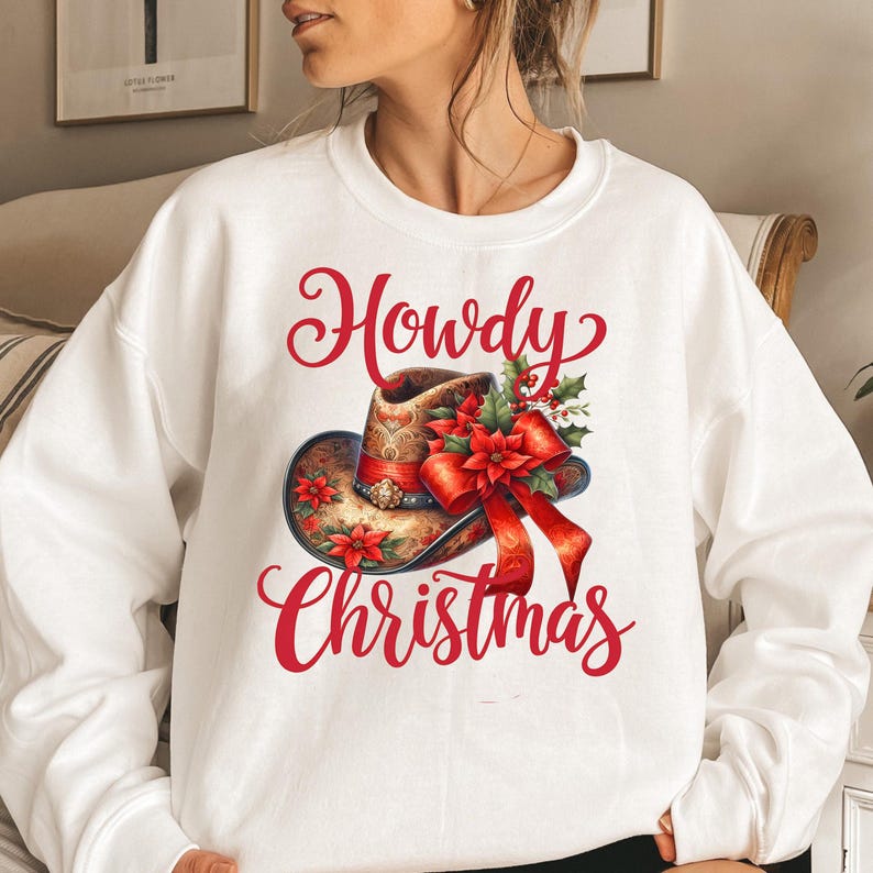 Howdy Christmas PNG, Festive Cowboy Hat Sublimation Clipart, Western ...