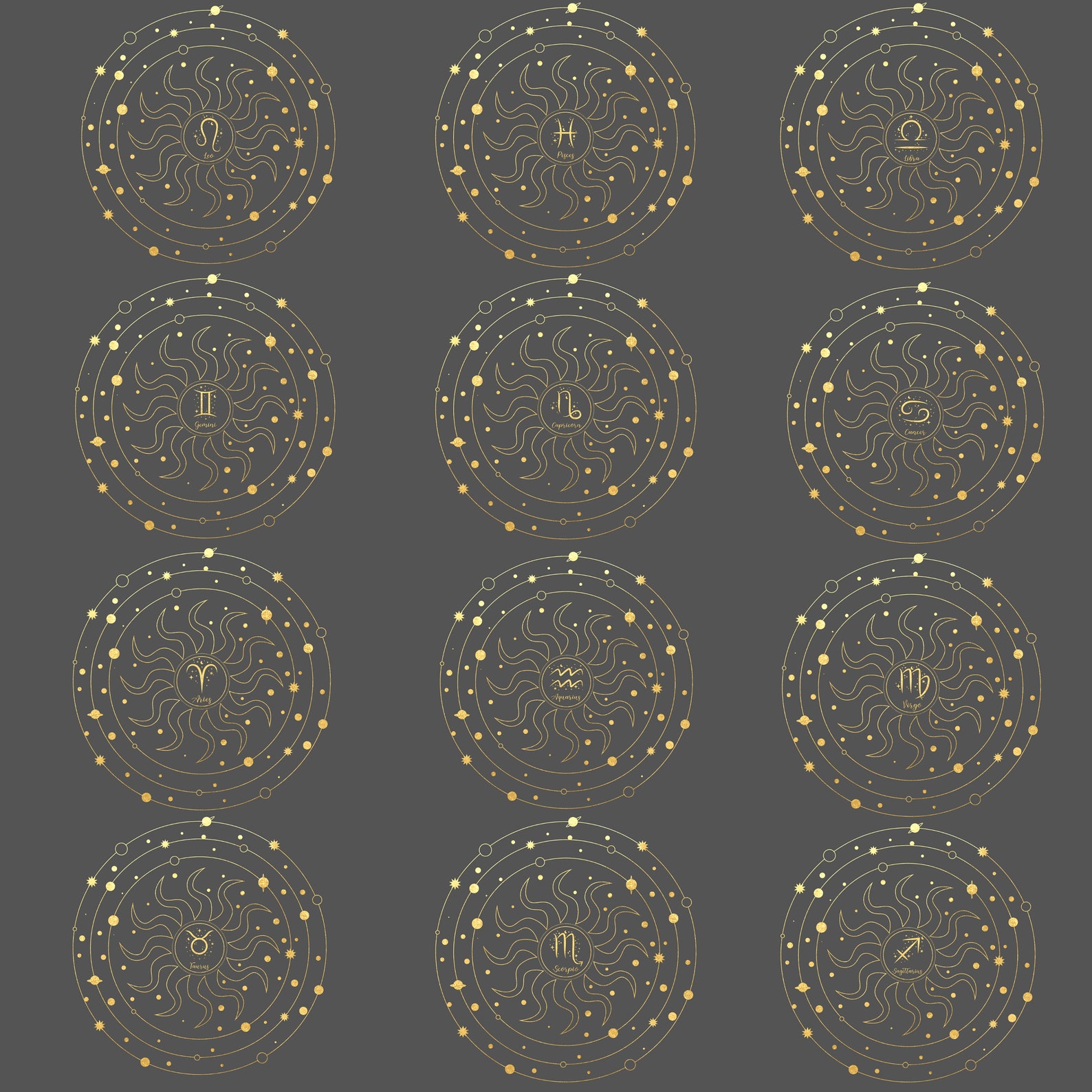 12 Royal Zodiac Sign Designs PNG Bundle Astrology Clipart Printable ...