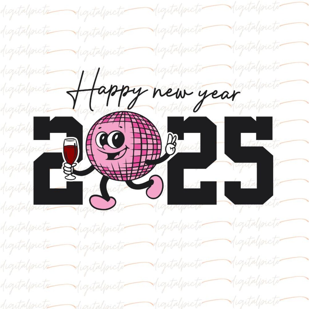 Retro Happy New Year 2025 PNG, Pink Disco Ball Character Digital ...