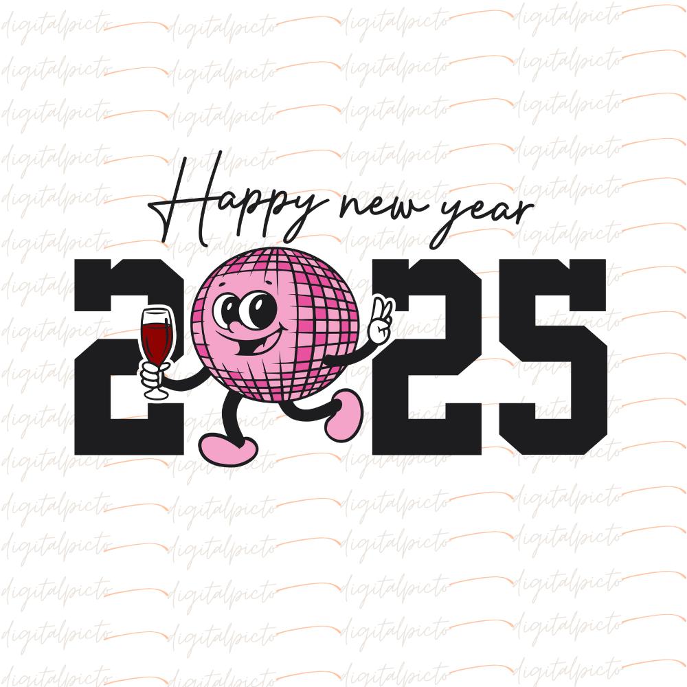 Retro Happy New Year 2025 PNG, Pink Disco Ball Character Digital ...