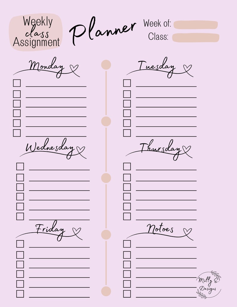 Student Weekly Assignment Planner, per Class. - Etsy