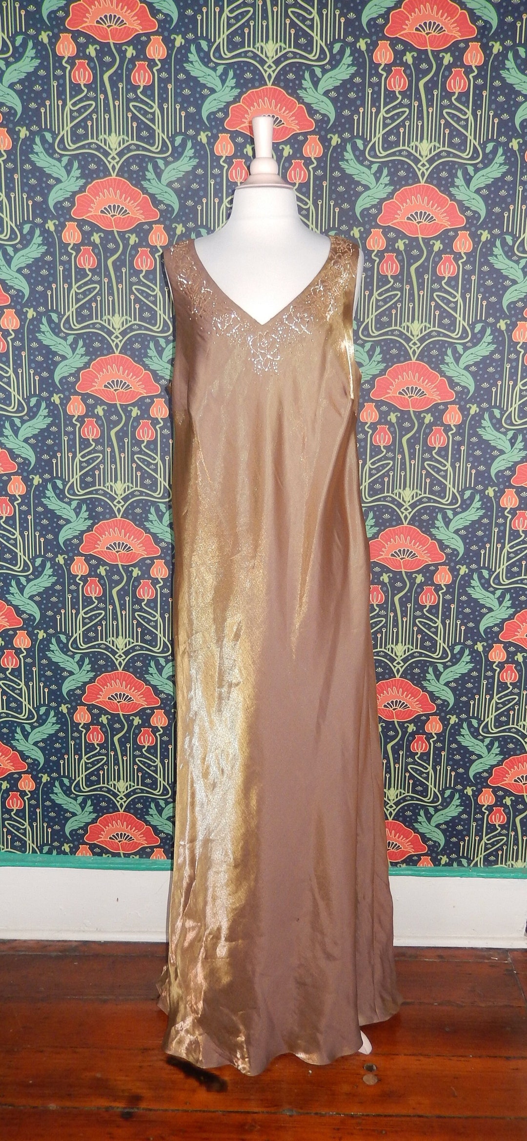 Vintage 90's Y2K Iridescent Shiny Gold Beaded Hoco Prom Formal Dress ...