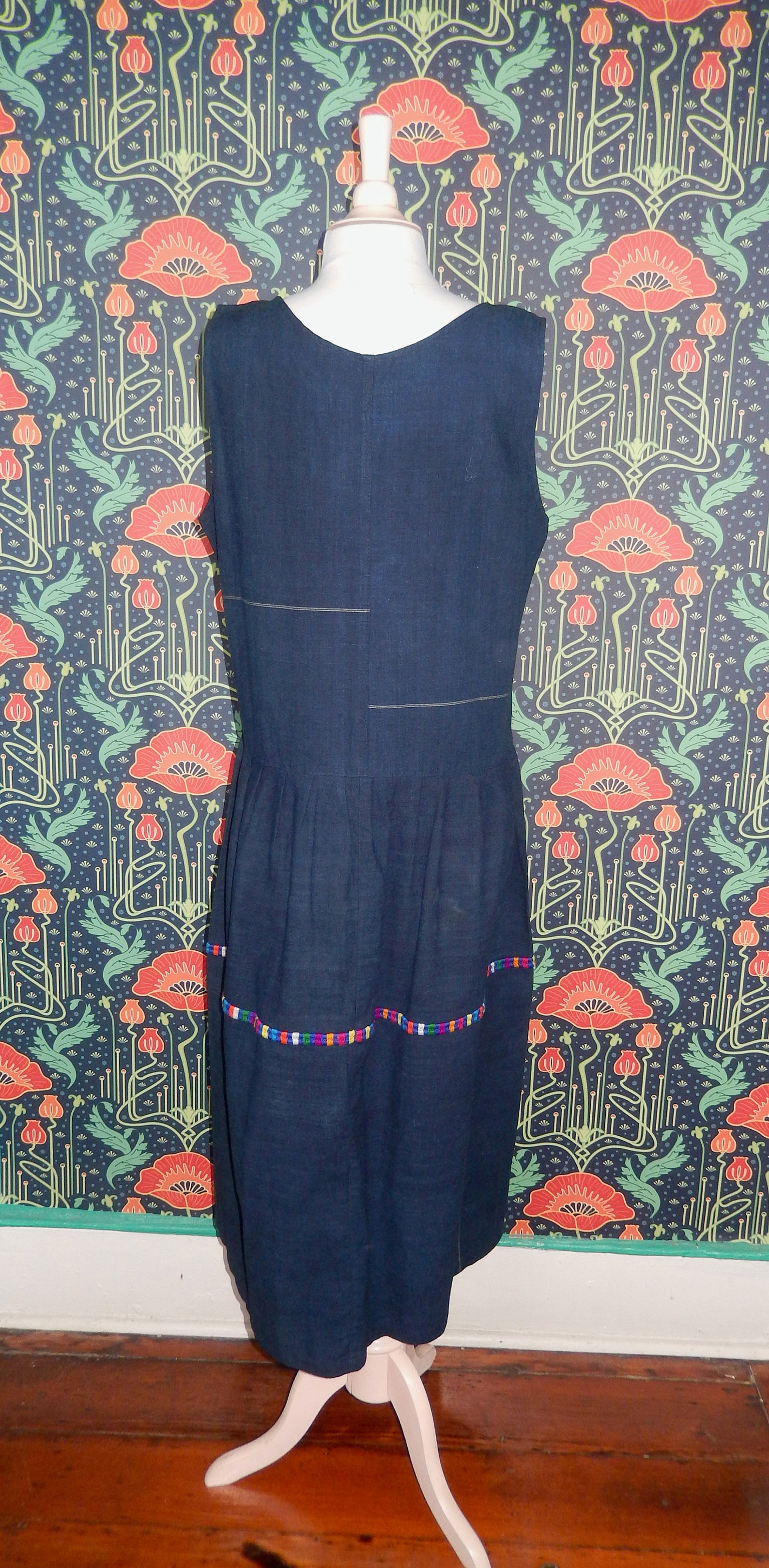 Vintage Mexican Guatemalan Huipil Indigo Blue Drop Waist Midi Dress L ...