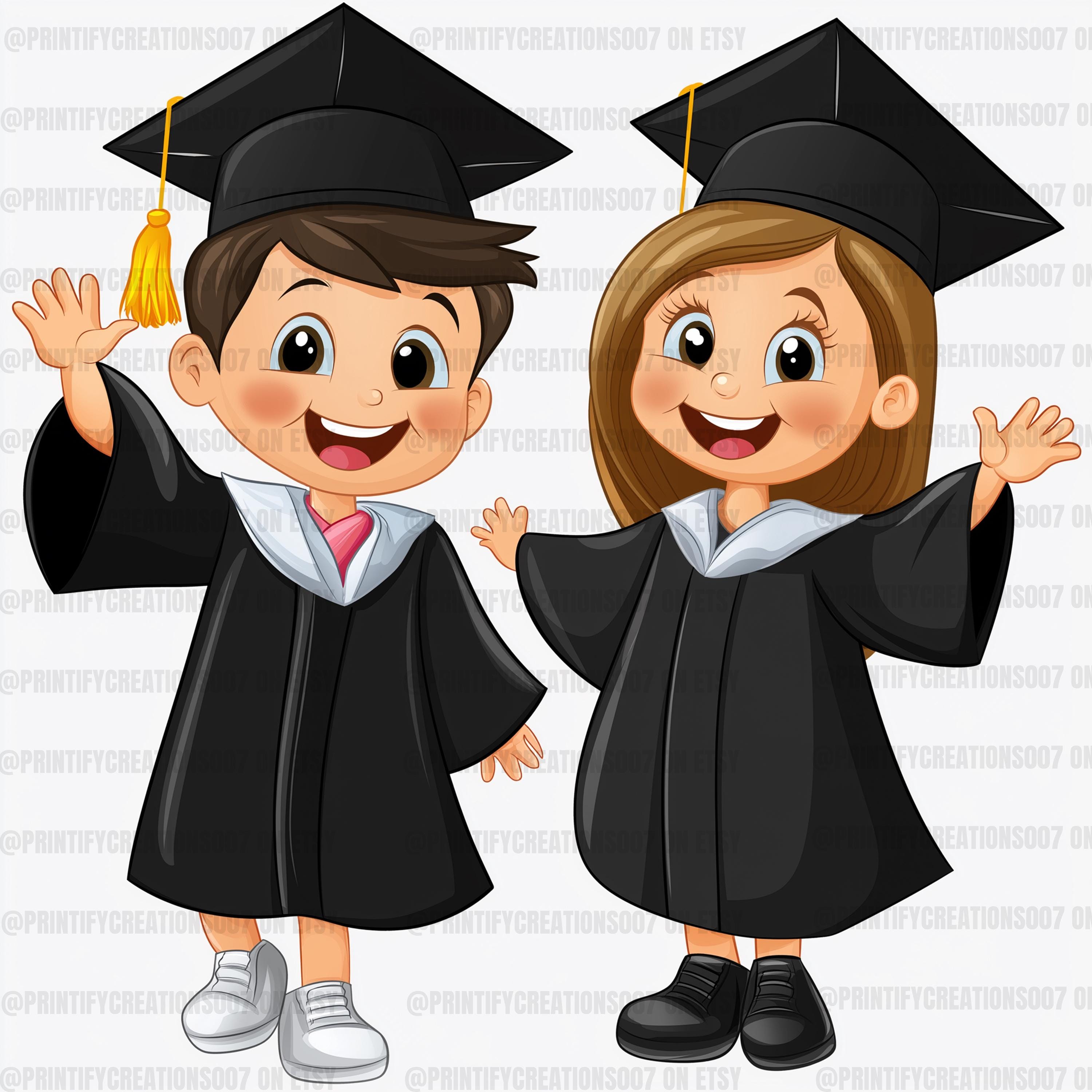 18 Cute Cartoon Graduation Clipart | Cute Boy and Girl Kids in Cap and ...