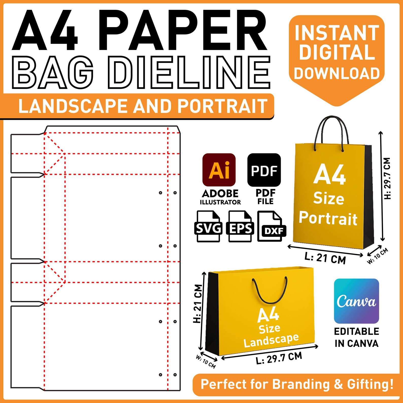 A4 Paper Bag Dieline Digital Download – Landscape & Portrait ...