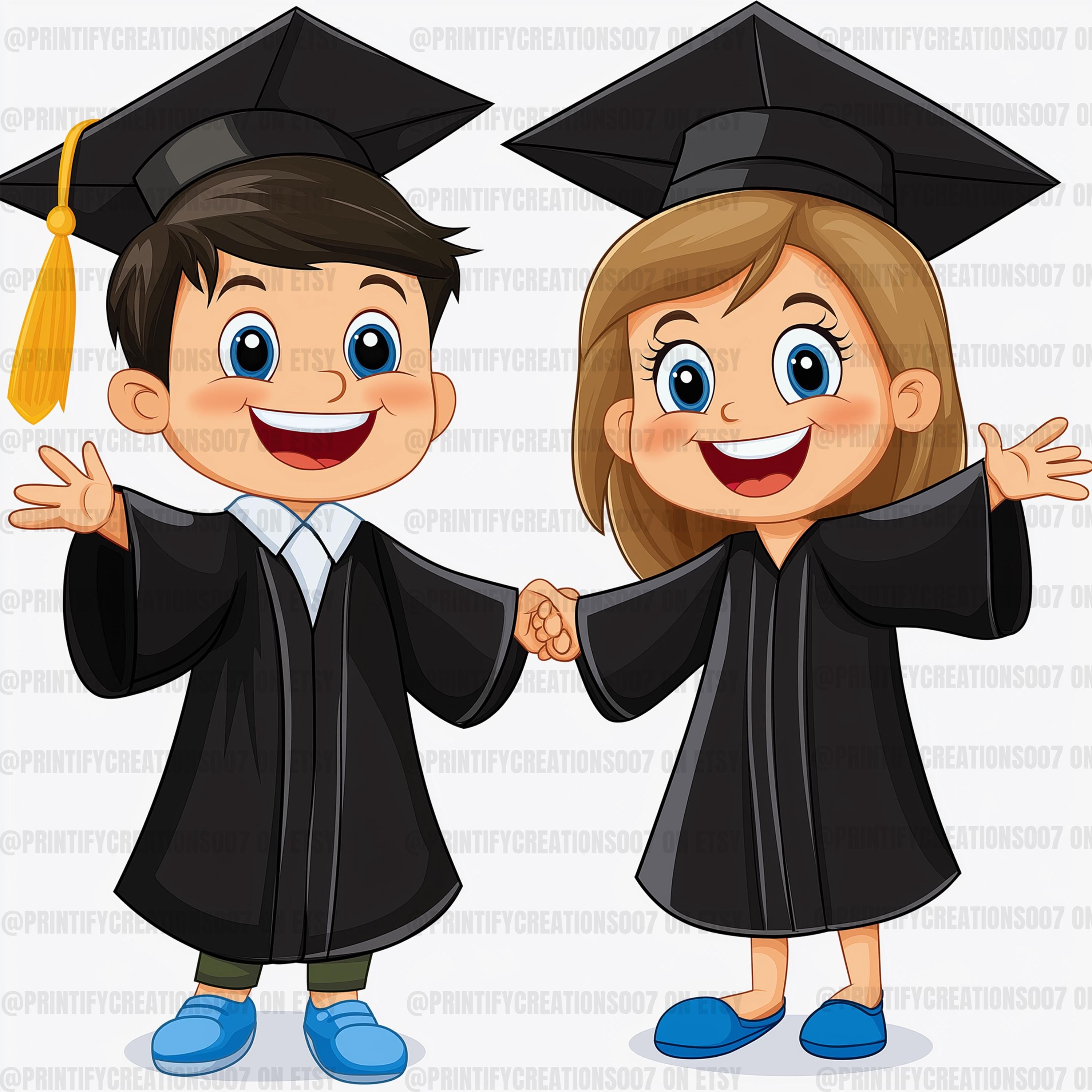 18 Cute Cartoon Graduation Clipart | Cute Boy and Girl Kids in Cap and ...