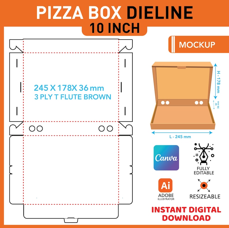 Pizza Box Layout and Dieline | SVG Cutout Line | Die Cut Template ...