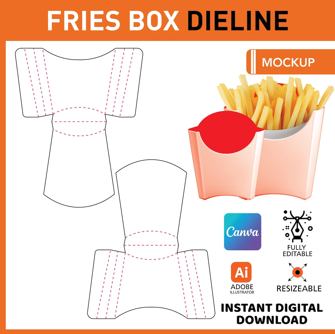 French Fries Box Dieline Template | Snack Packaging Design Cut File SVG ...