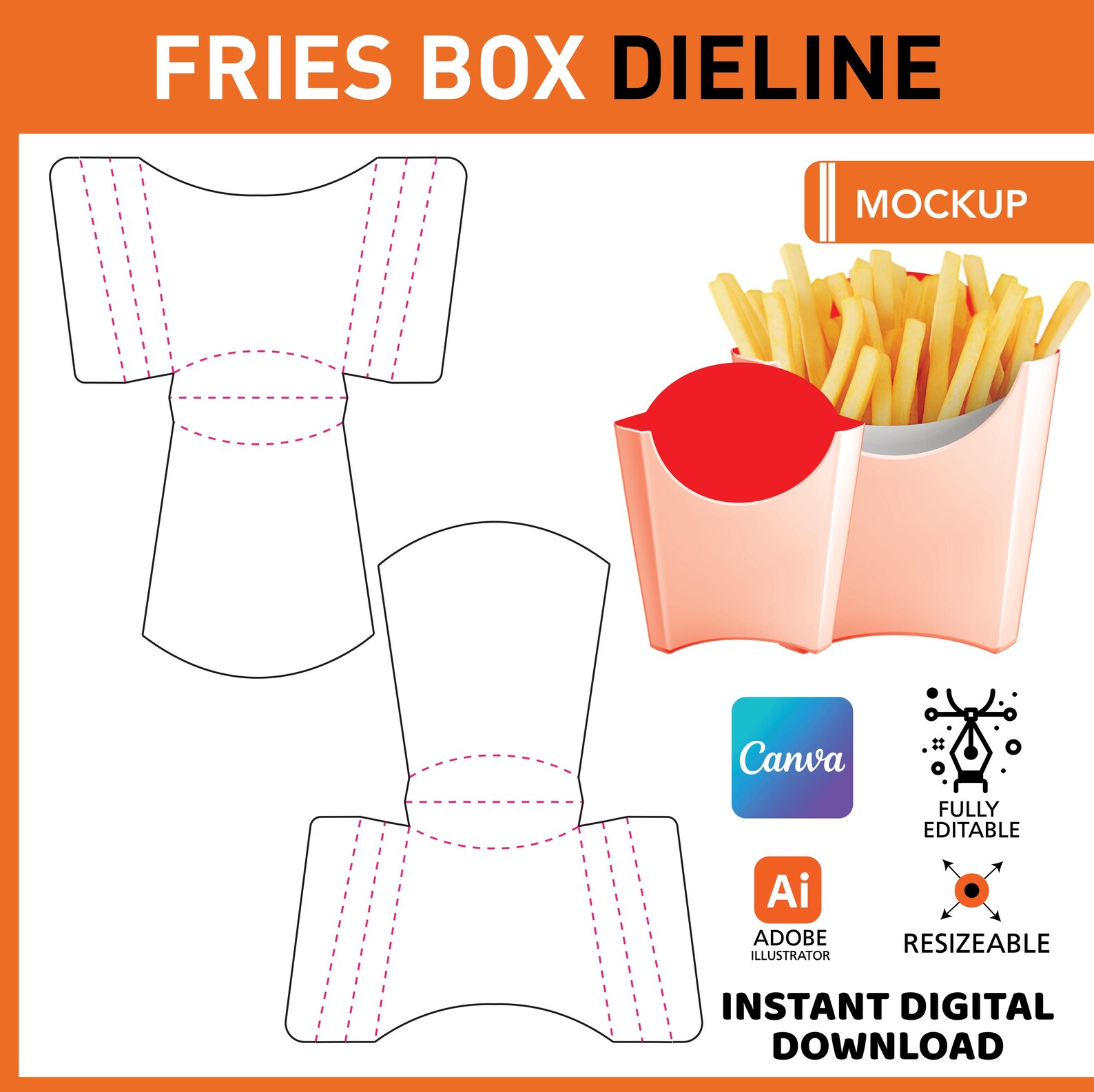 French Fries Box Dieline Template | Snack Packaging Design Cut File SVG ...