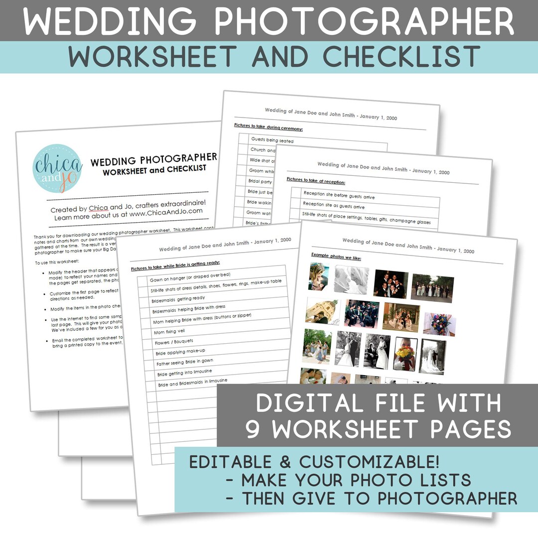 Wedding Photographer Worksheet and Checklist - Customizable Photo Lists ...