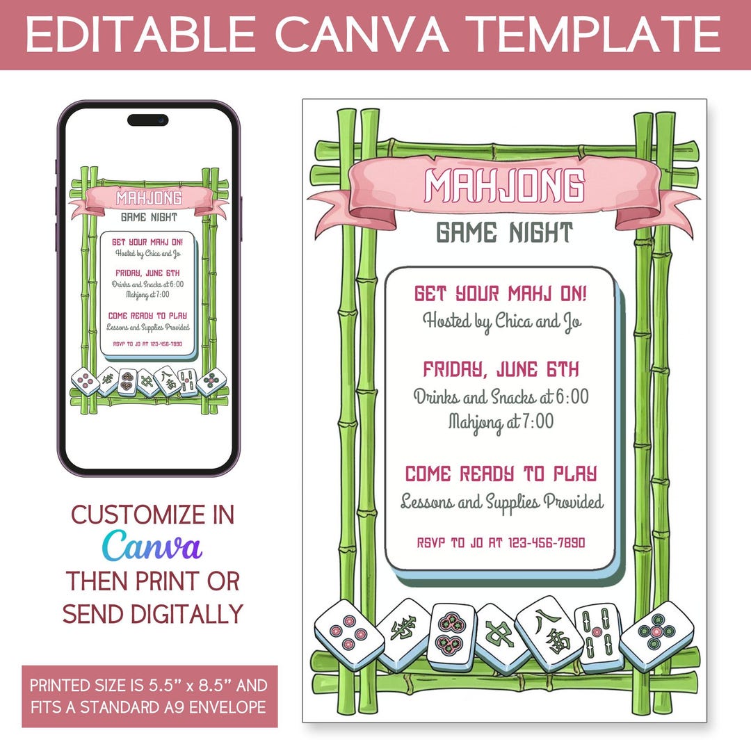 Mahjong Party Invitation - Instant Digital Editable Canva Template ...