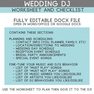 Wedding DJ Worksheet and Checklist - DJ Timeline and Dos/don'ts for ...