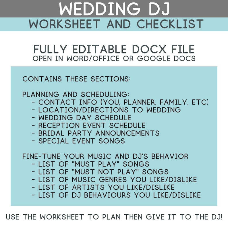 Wedding DJ Worksheet and Checklist - DJ Timeline and Dos/don'ts for ...
