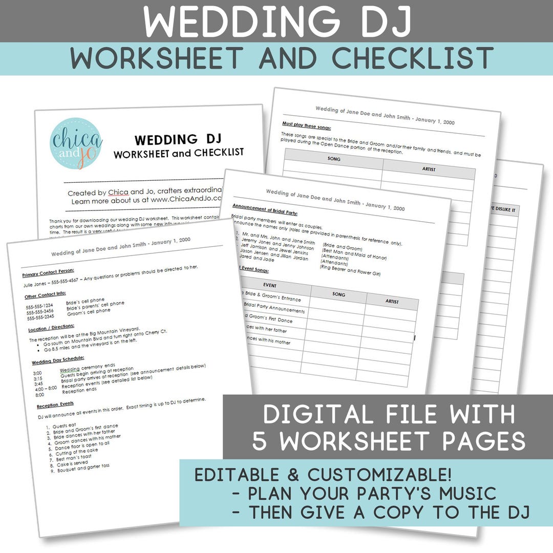 Wedding DJ Worksheet and Checklist - DJ Timeline and Dos/don'ts for ...