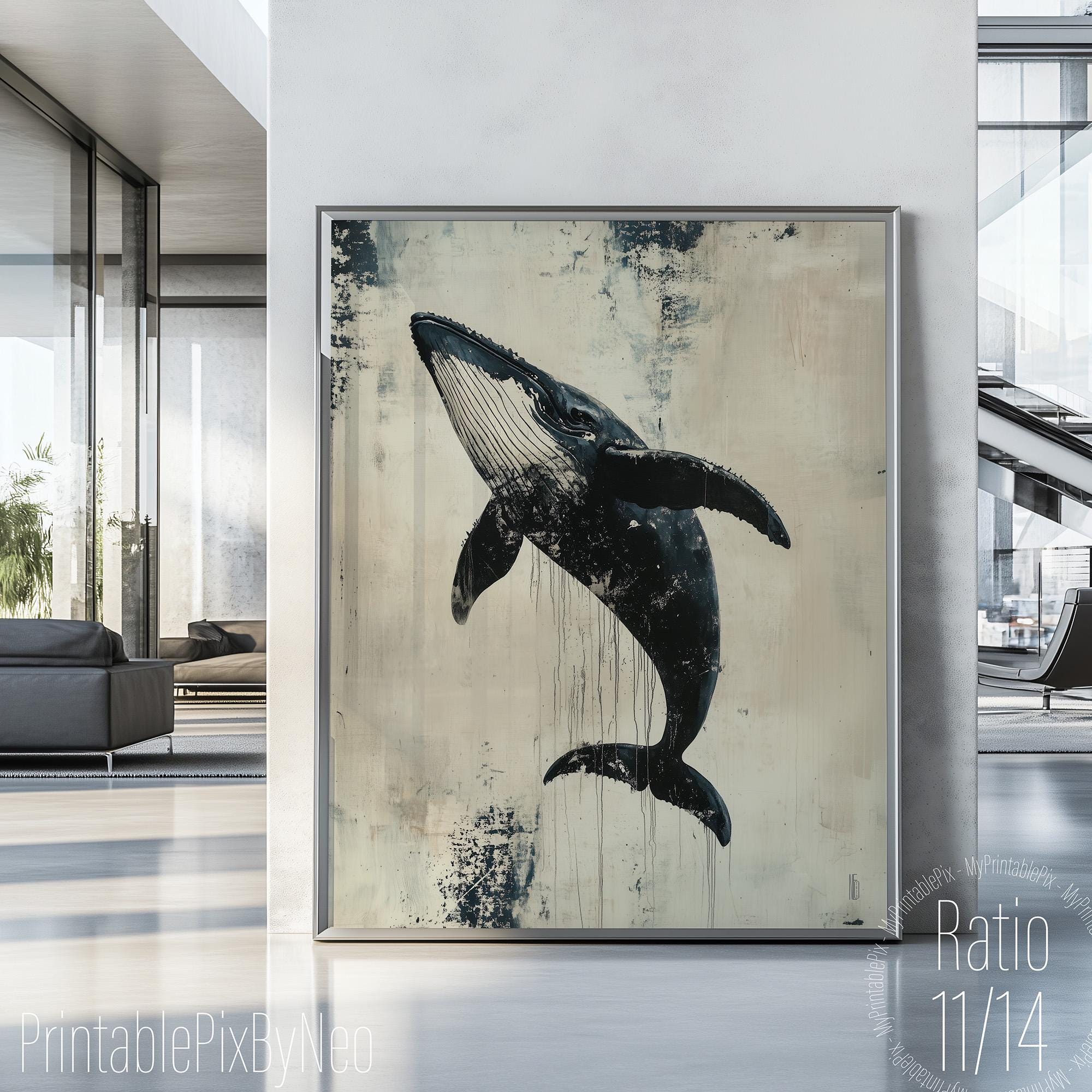 Abstract Humpback Whale Wall Art Vintage Oil Painting in Black and ...