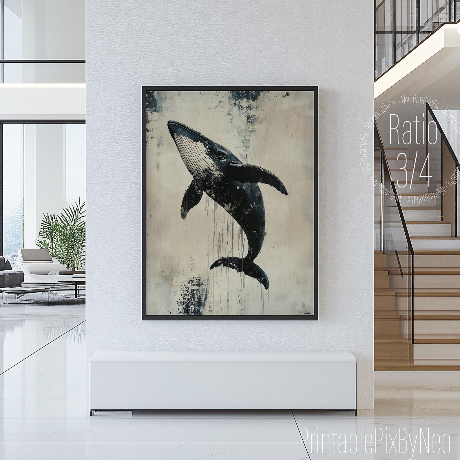 Abstract Humpback Whale Wall Art Vintage Oil Painting in Black and ...