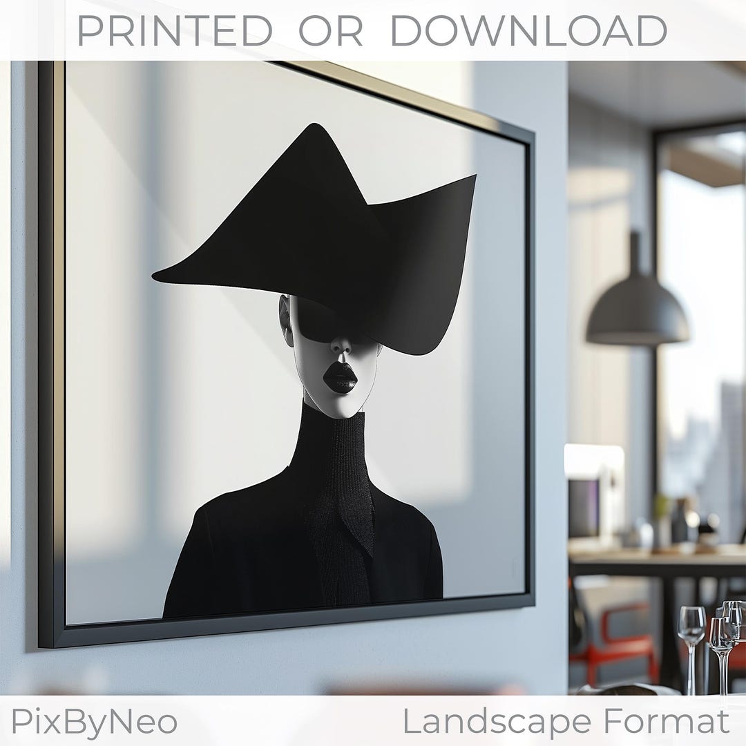Wide-brim Hat Fashion Mural – Black and White Minimalist Poster of ...