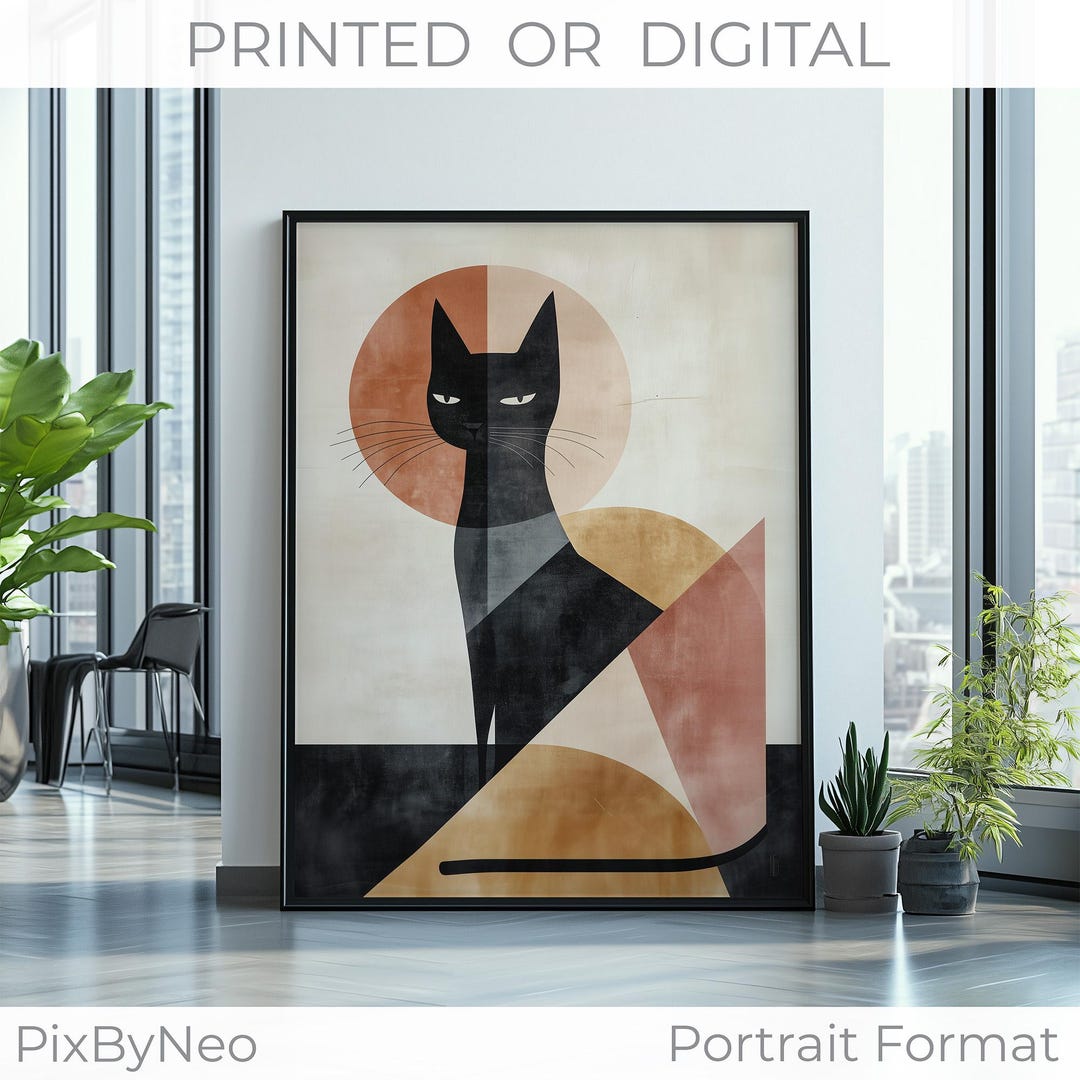 Abstract Black Cat Wall Art – Portrait Geometric Cat Print in Beige ...