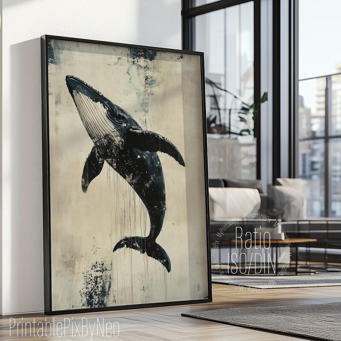 Abstract Humpback Whale Wall Art Vintage Oil Painting in Black and ...
