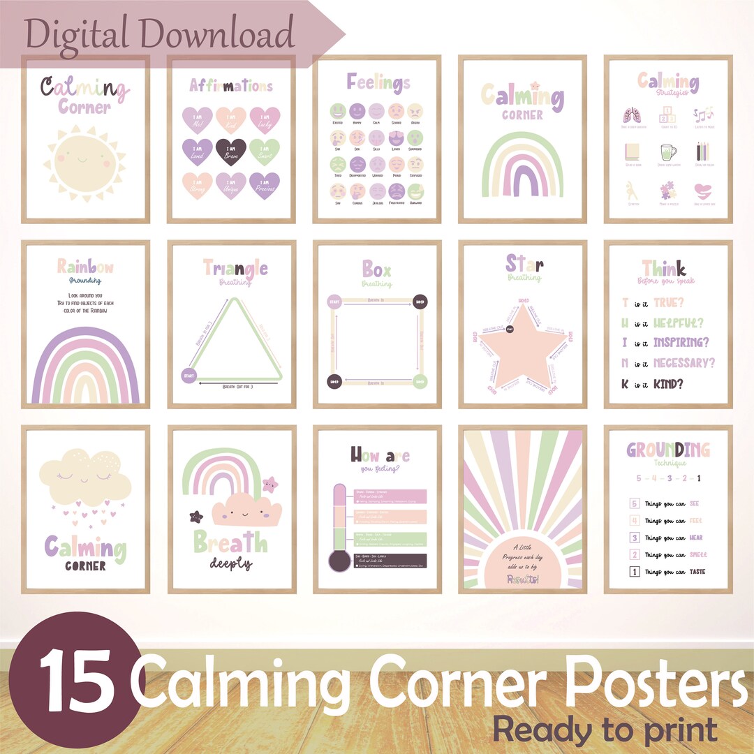 Set of 15 Calming Corner Posters for Kids Relaxing Boho Art for ...