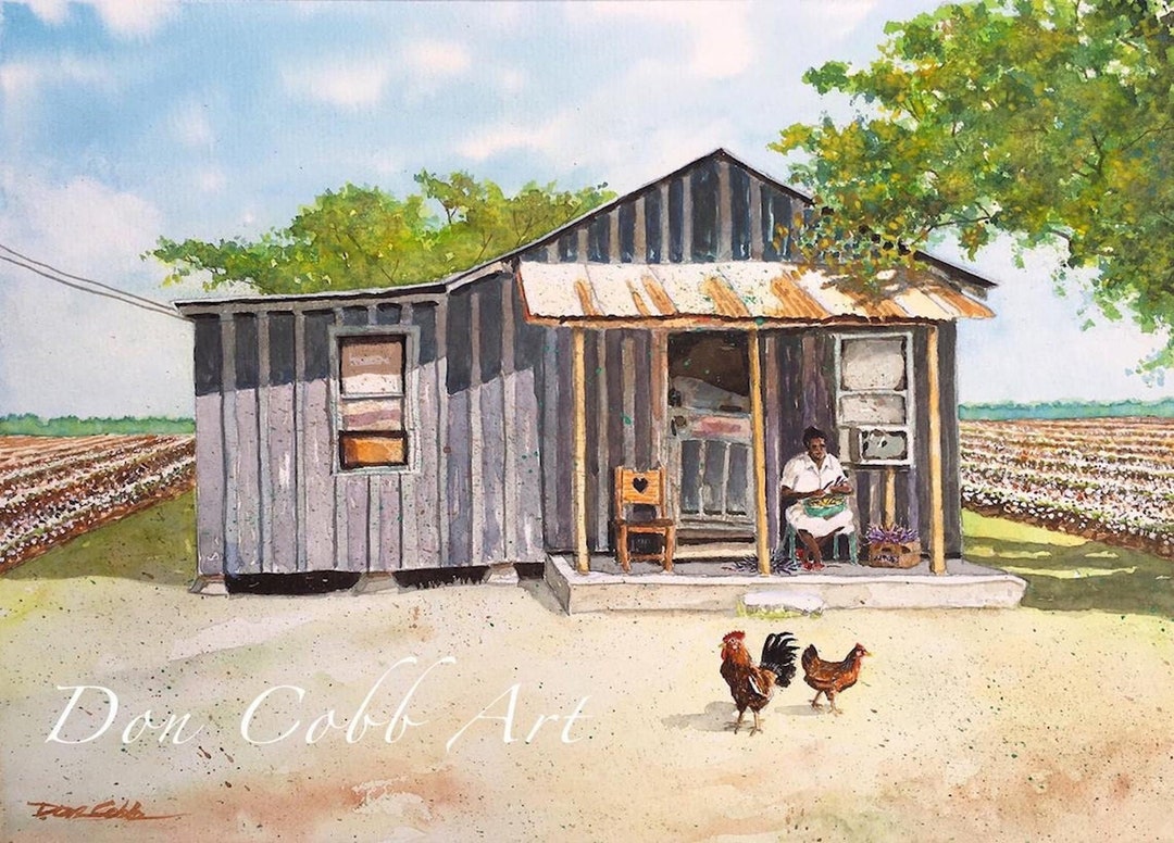 Louisiana, Cotton Field, Folk Art, Shelling Peas on Porch, 13x19 Signed ...