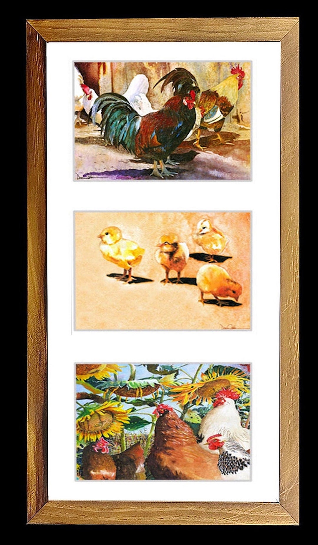 Roosters, Hens, Chicken Art, 12x20 Frame and Matted, Signed and ...