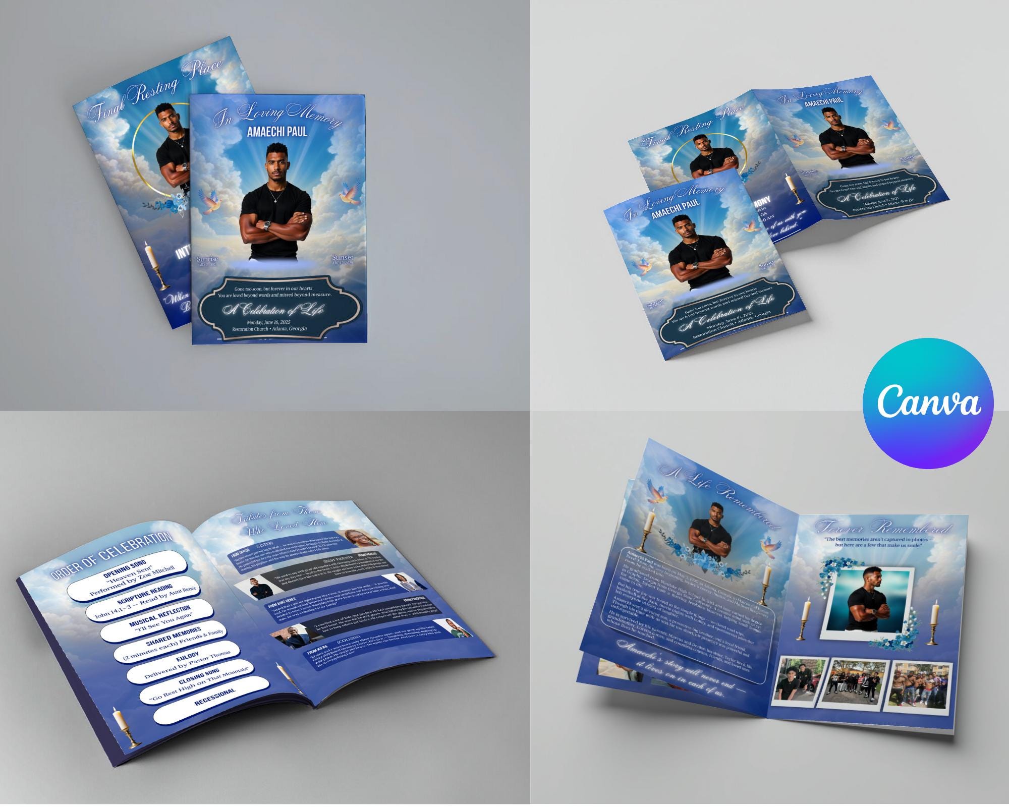 Blue & White Funeral Program Canva Template: 8-page Memorial Booklet ...