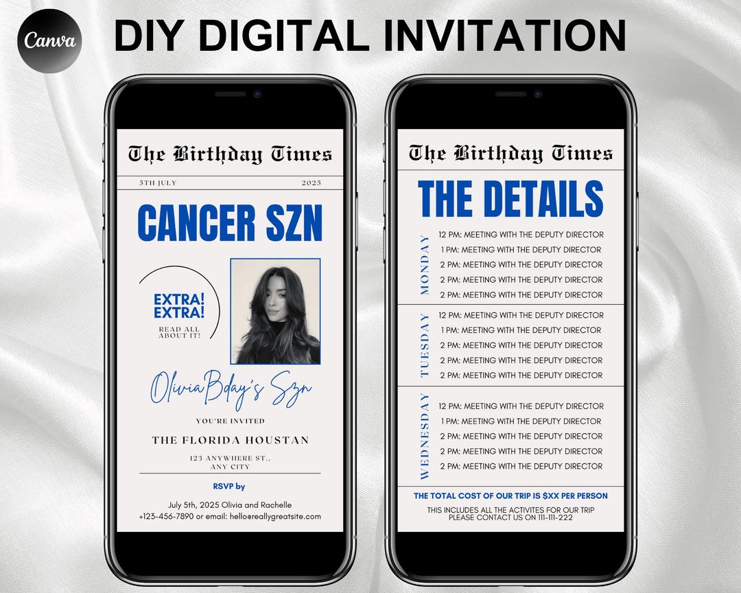 Editable Cancer Birthday Weekend Newspaper Invitation, Digital Cancer ...