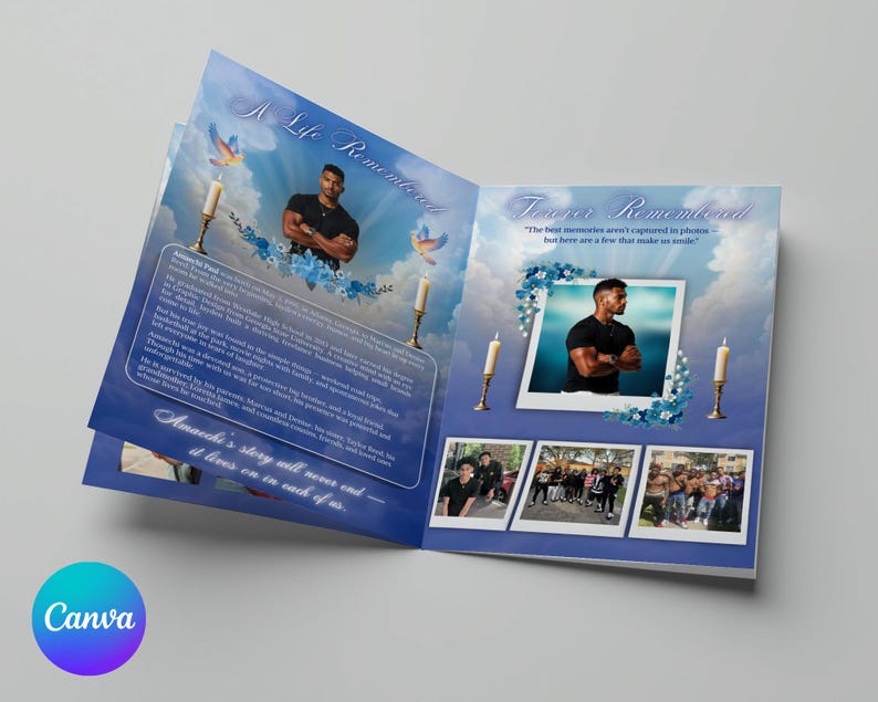 Blue & White Funeral Program Canva Template: 8-page Memorial Booklet ...