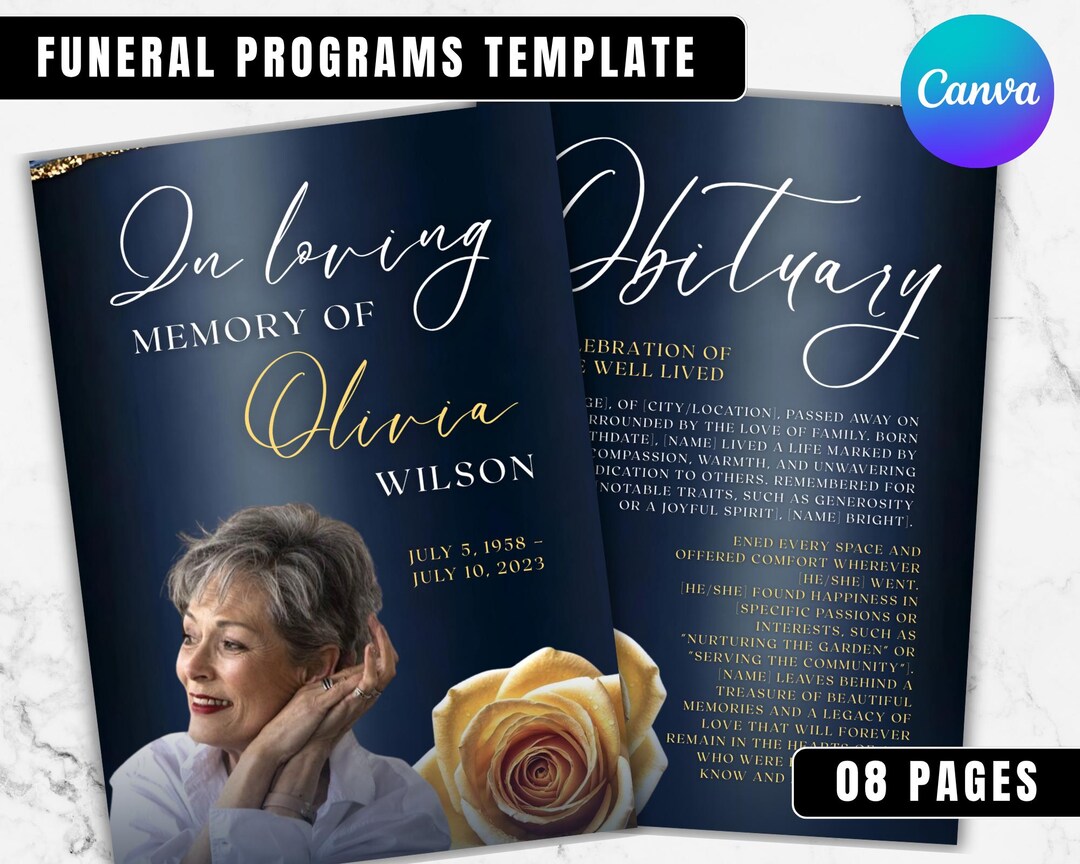 Navy and Gold Canva Funeral Program Template Editable 8 Page Funeral ...