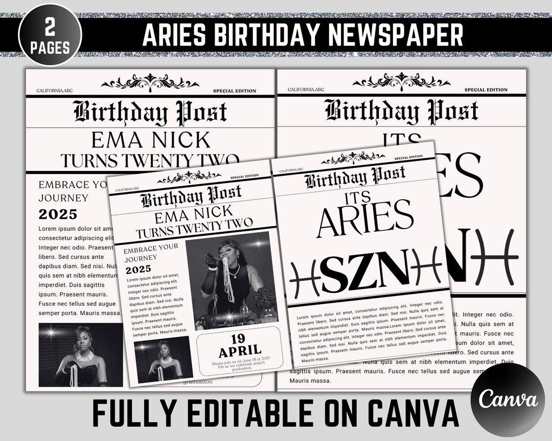 Aries Birthday Newspaper Canva Template,zodiac Birthday Newspaper ...