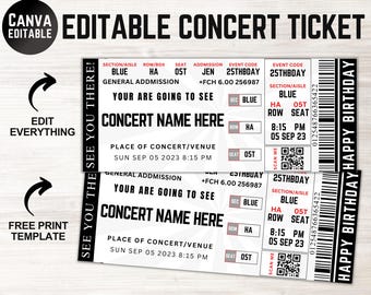 Editable Concert Ticket Template, Custom Concert Ticket Gift, DIY Event ...