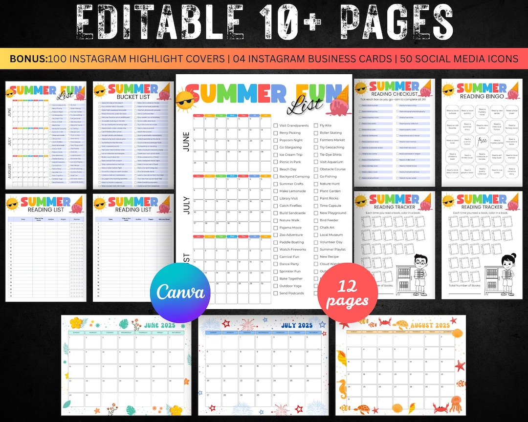 Editable Summer Bucket List, Summer Calendar Poster, Summer Checklist ...