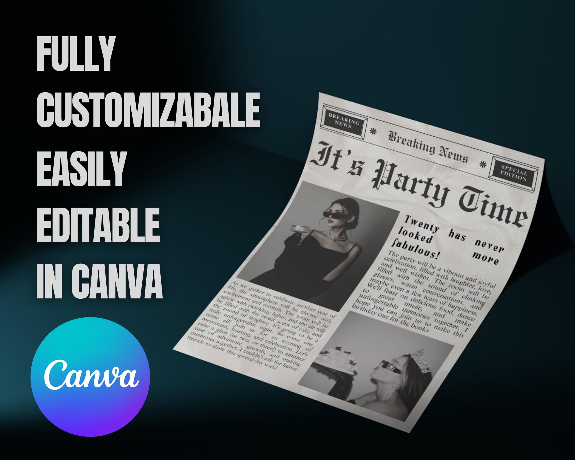 Custom Birthday Newspaper Template: Party Invite, Photoshoot (canva) - Etsy