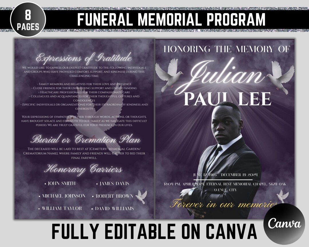 Purple Cloud Funeral Program Template: 8-page Memorial (digital ...