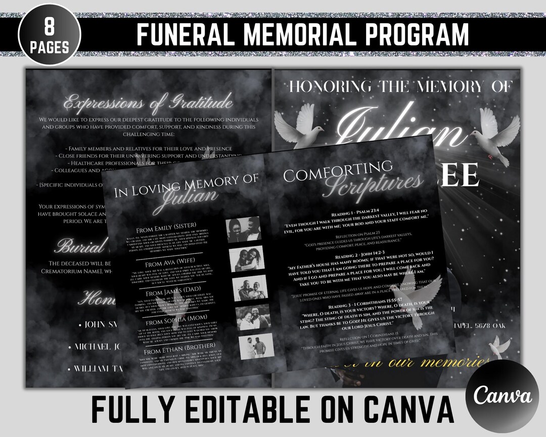 Elegant Black Funeral Program: Celebration of Life Keepsake (digital ...