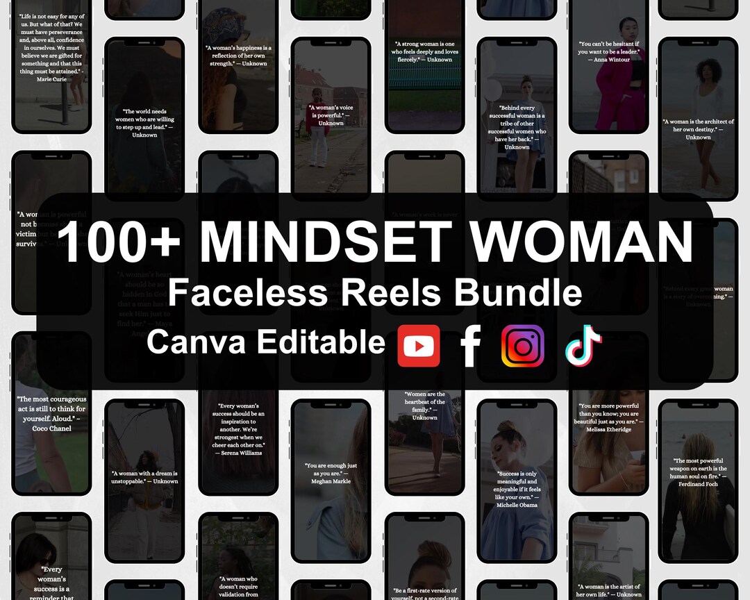 100 Woman Mindset Reels: Faceless Motivational Quotes (canva Editable ...