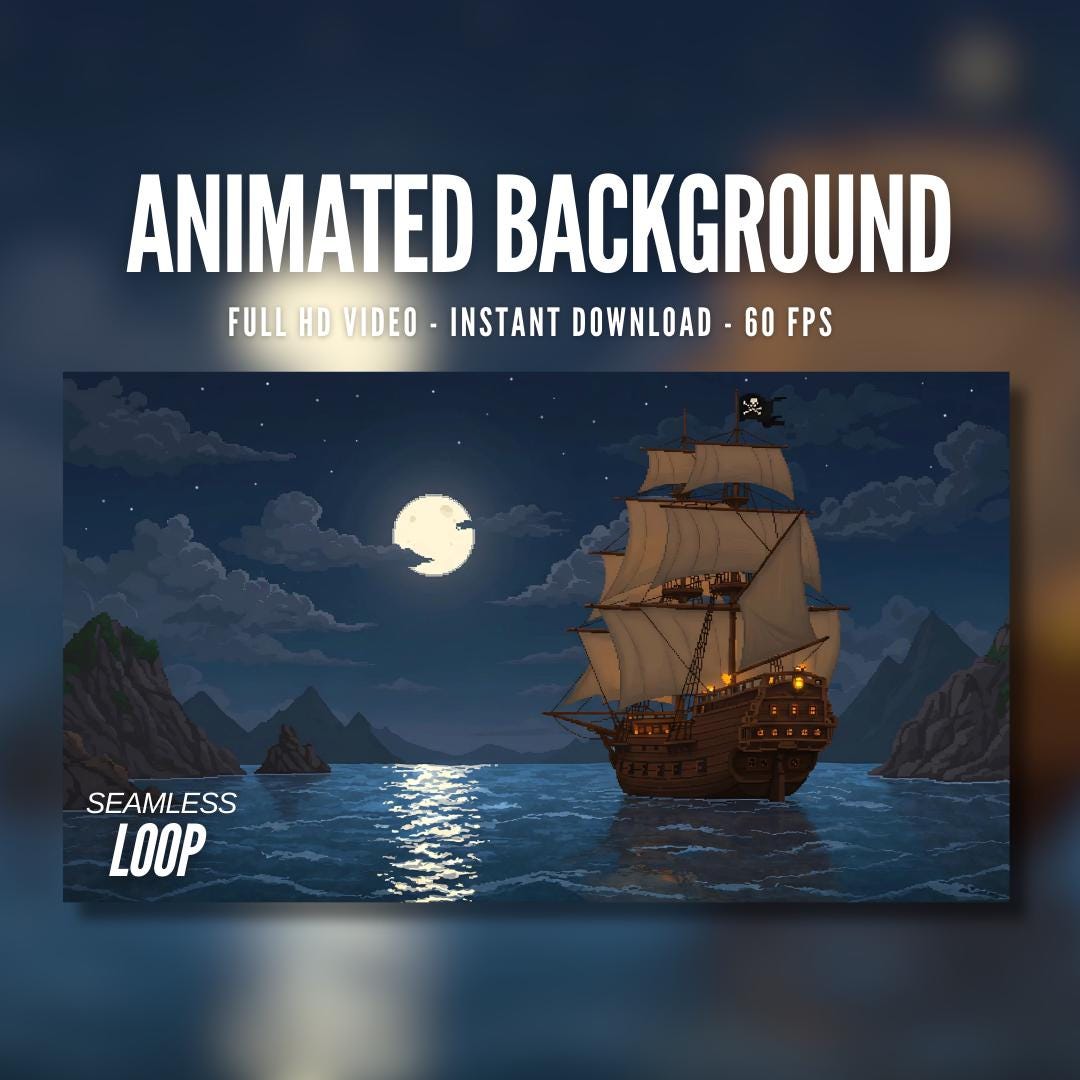 Animated Background | Pixel Art Pirate Ship at Night With Moonlit Ocean ...