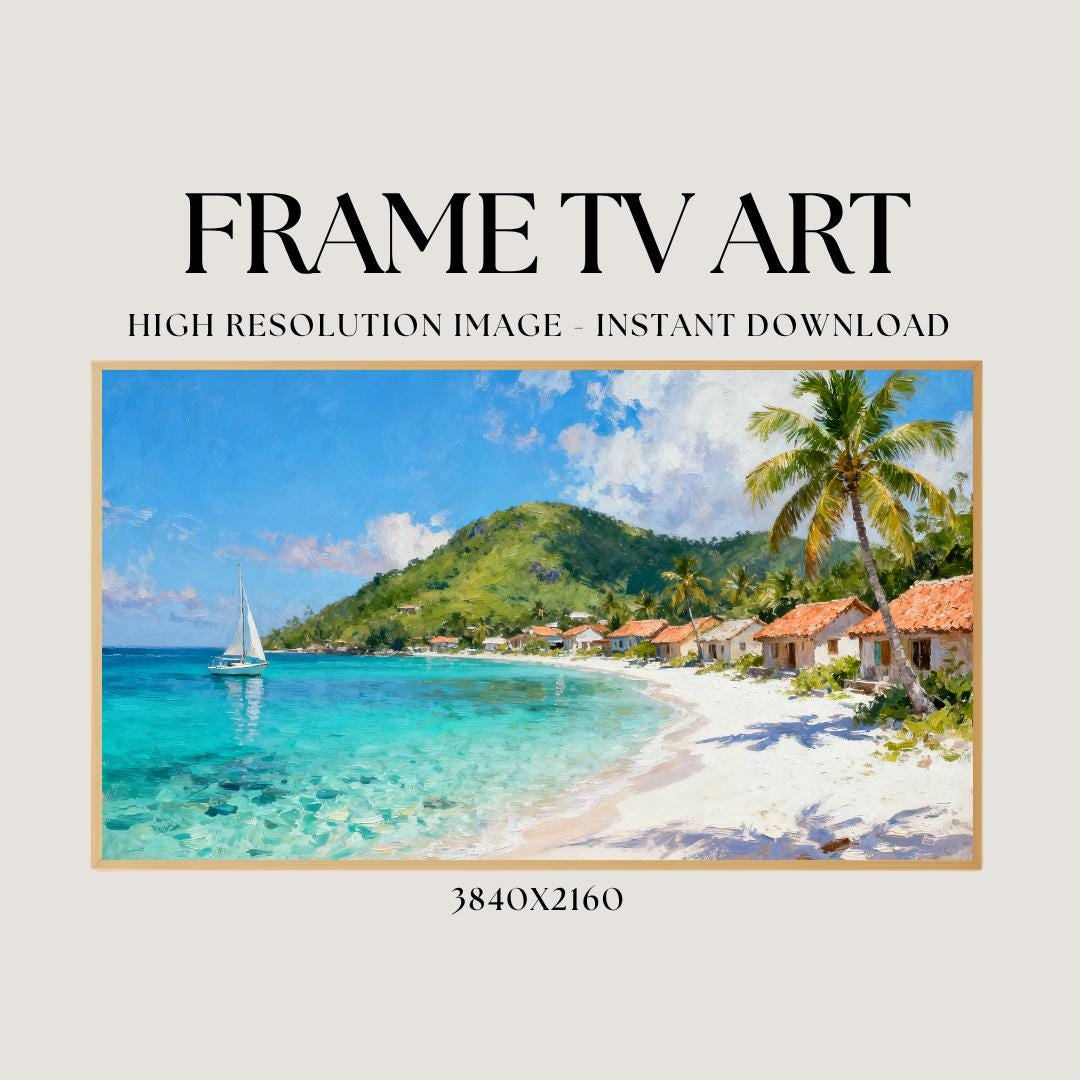 Frame TV Art | Caribbean Beach With Palm Trees and Sailboat | Tropical ...