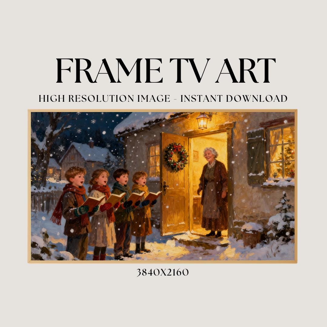 Frame TV Art | Vintage Christmas Carolers at Cottage Door | Snowy Night ...