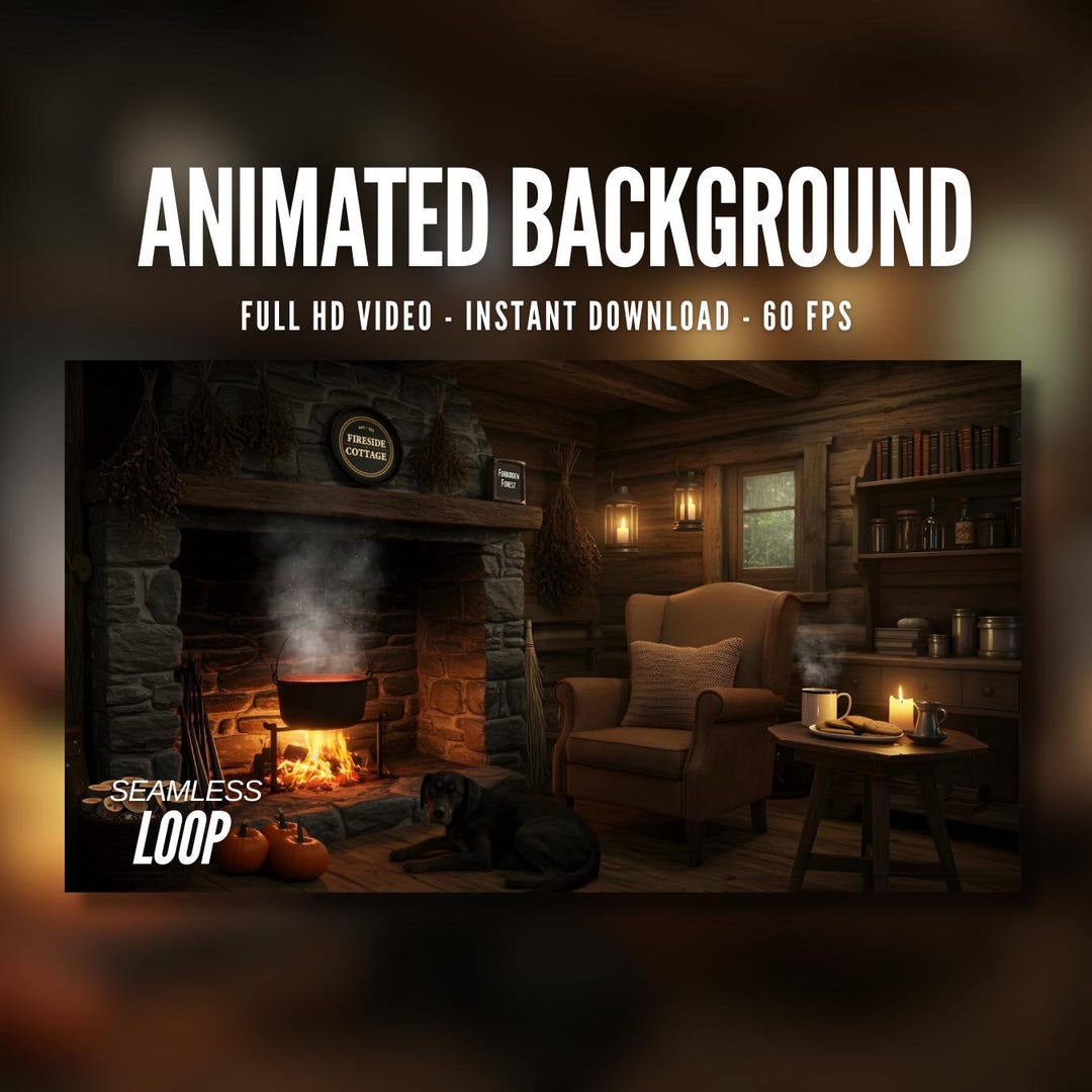 Animated Background | Cozy Fireside Cottage | Hanging Cauldron | Large ...