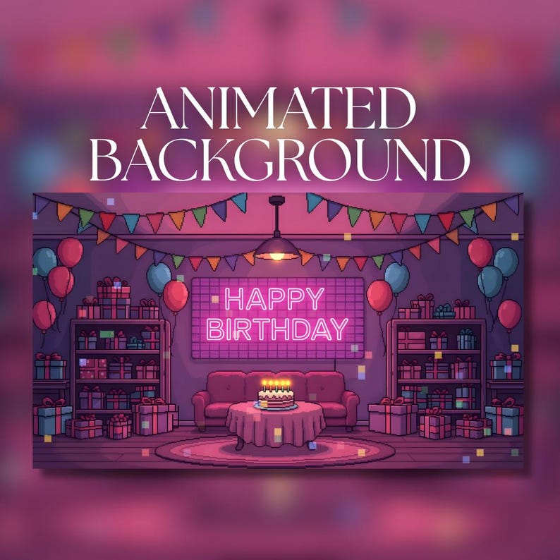 Animated Background | Pixel Art Birthday Party Room With Pink Neon Sign ...