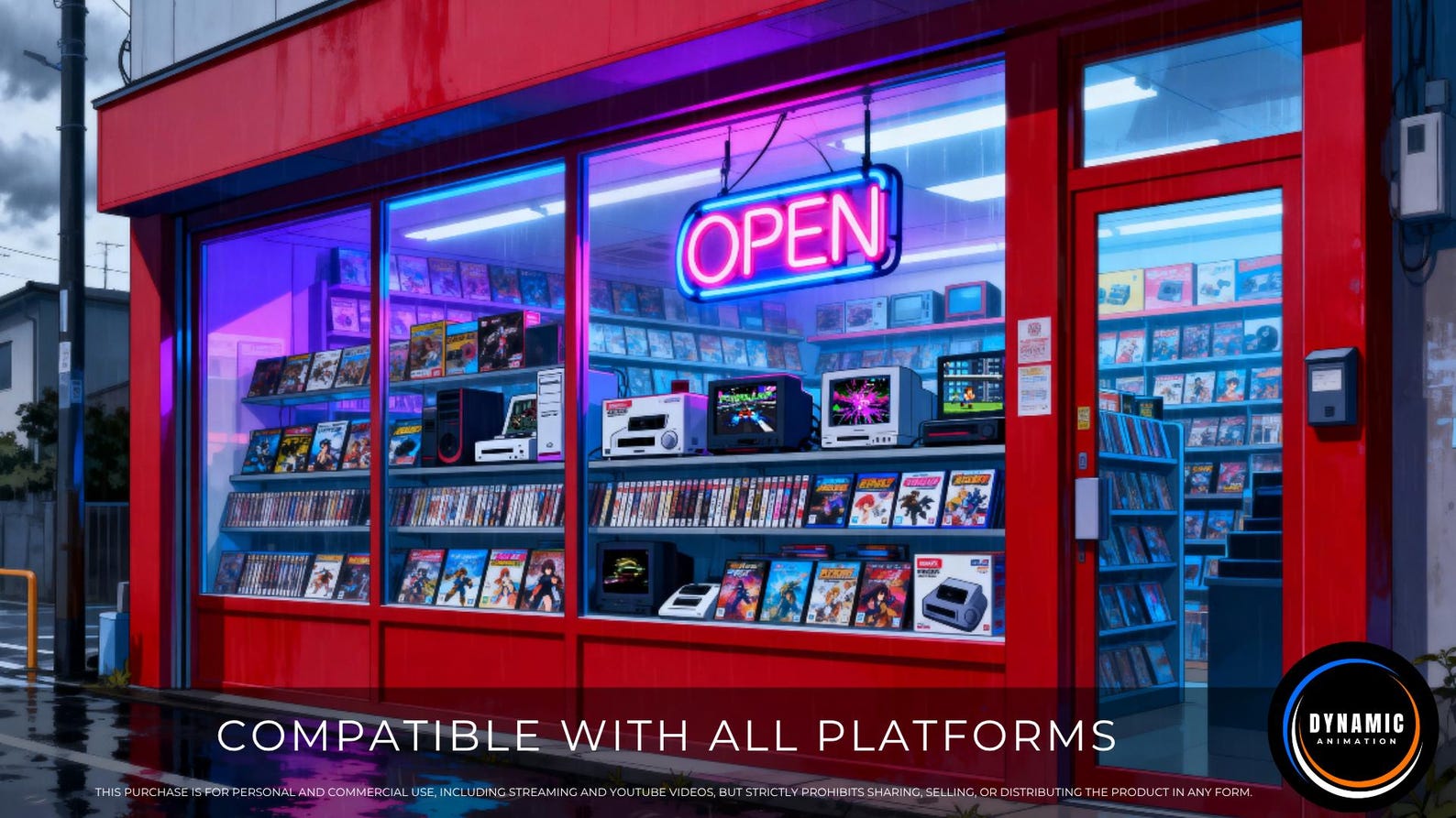 Animated Background | Neon Retro Video Game Store | Rainy Night City ...