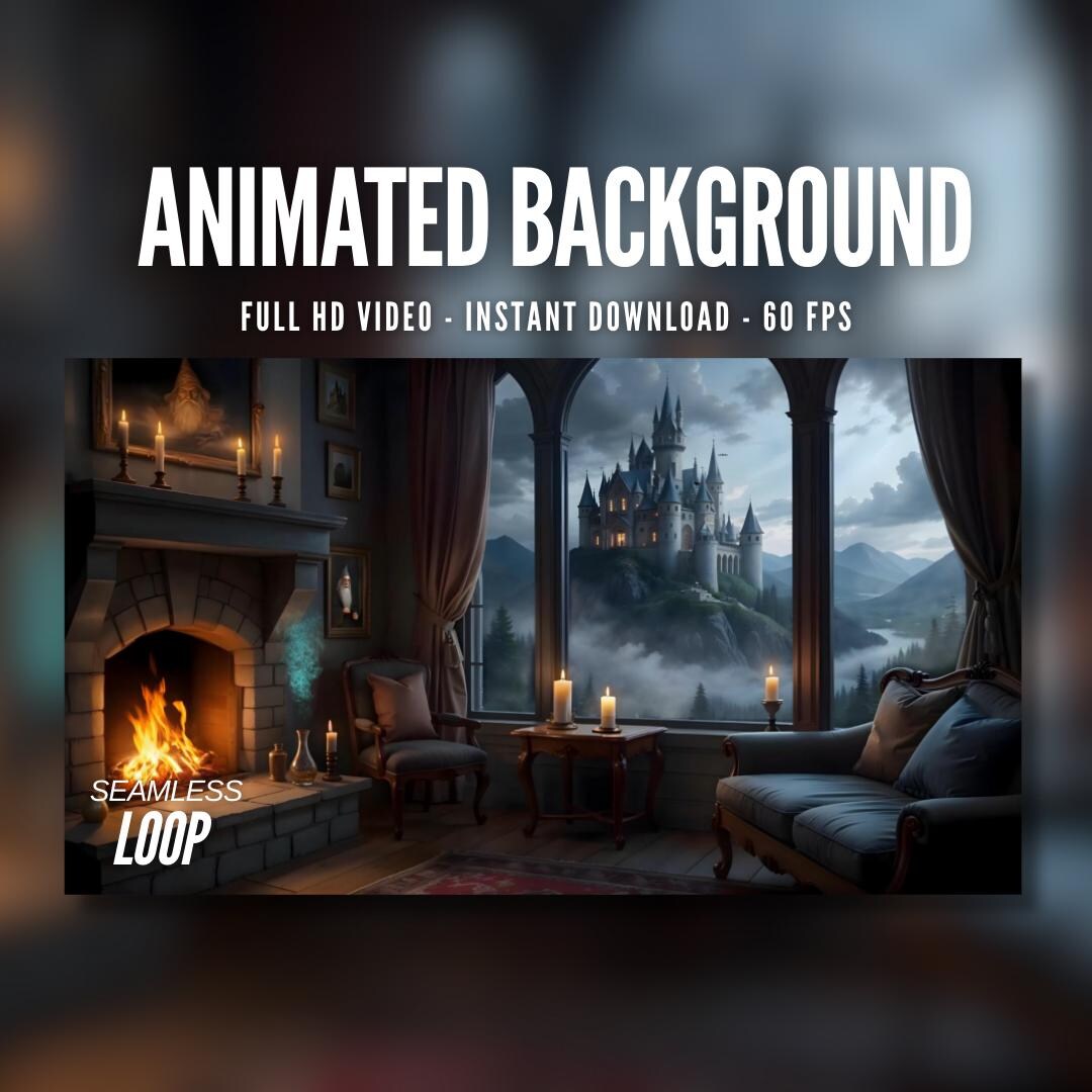 Animated Background Cozy Castle Room Fireplace Distant Castle Magical ...