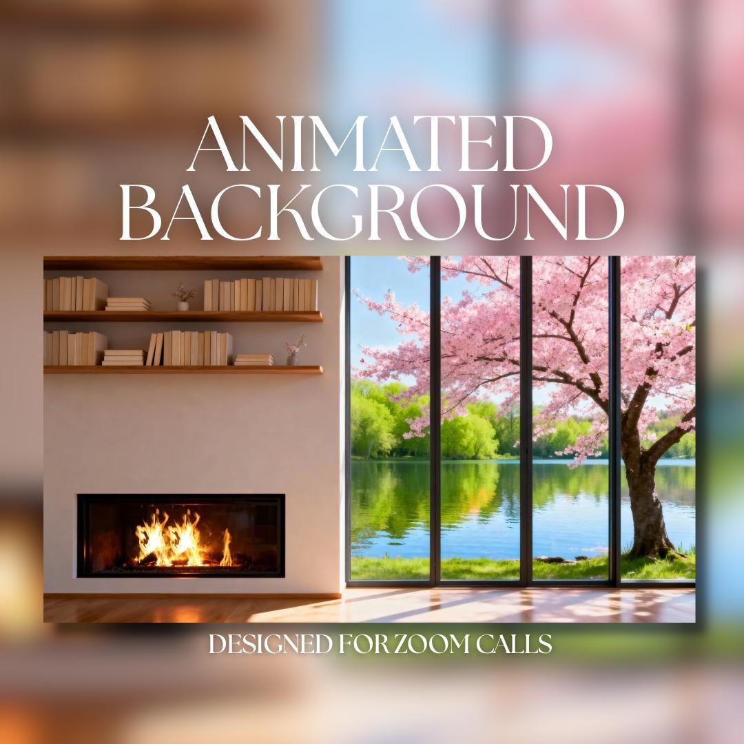 Animated Background | Cozy Spring Library Fireplace With Lake View ...