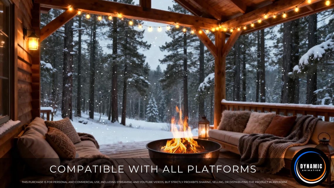 Animated Background | Cozy Winter Cabin Porch With Firepit & Snowy ...