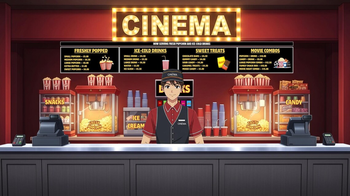 Animated Background | Cinema Snack Bar Interior | Movie Theatre Counter ...
