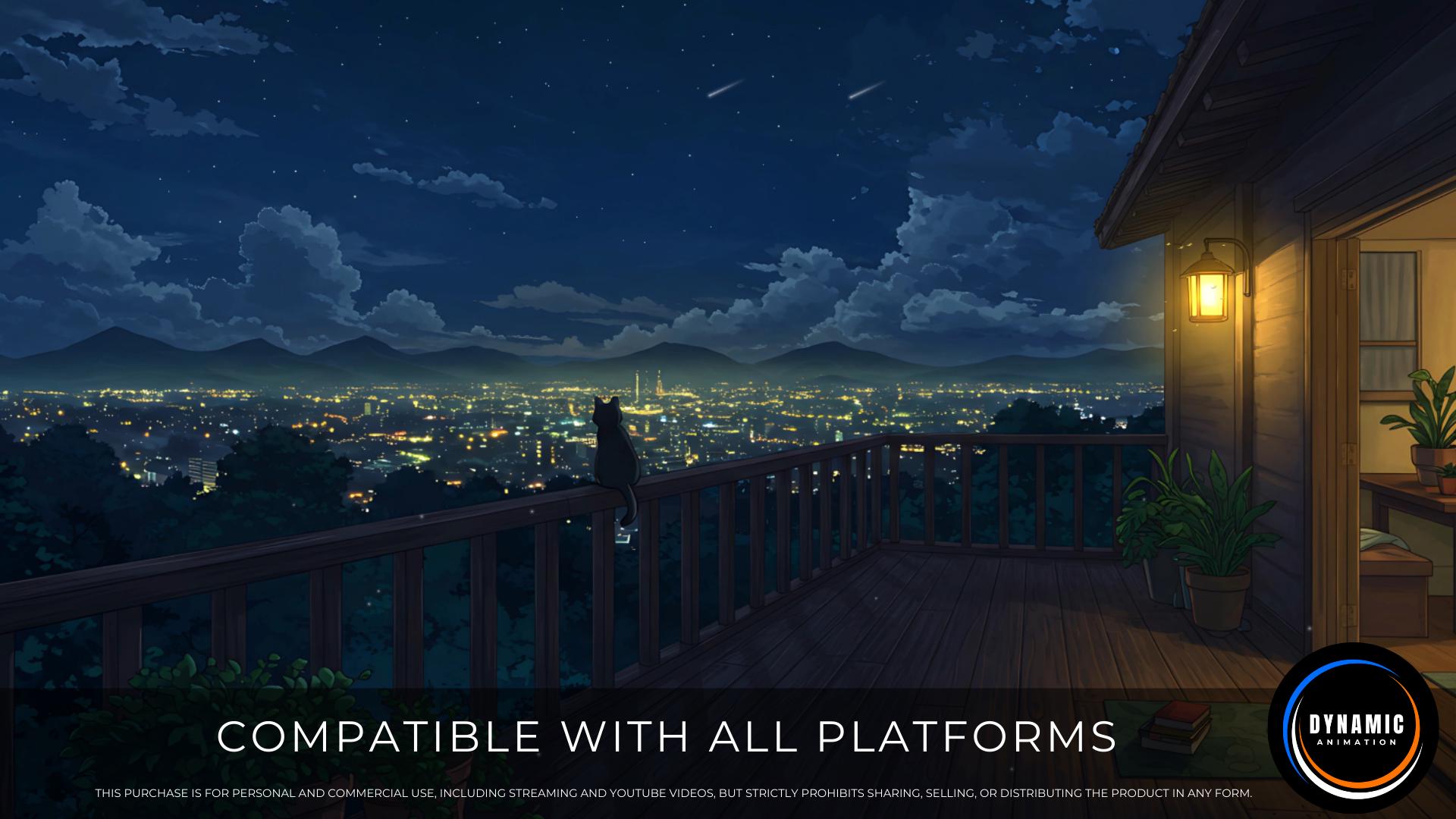 Animated Background | Peaceful Anime Balcony Night View | Cat Watching ...