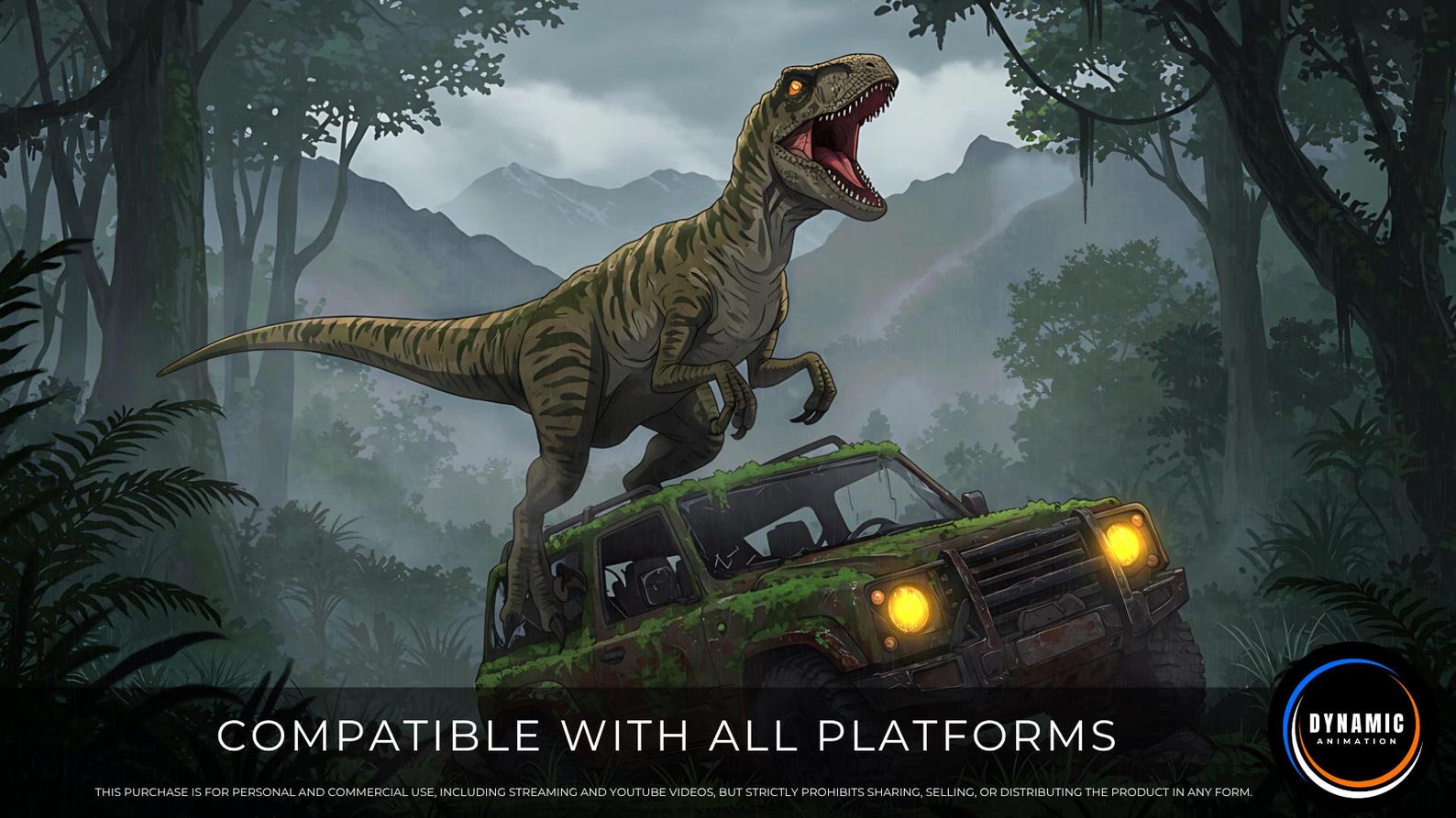 Animated Background | Raptor Roaring on Jungle Jeep | Rainstorm Forest ...