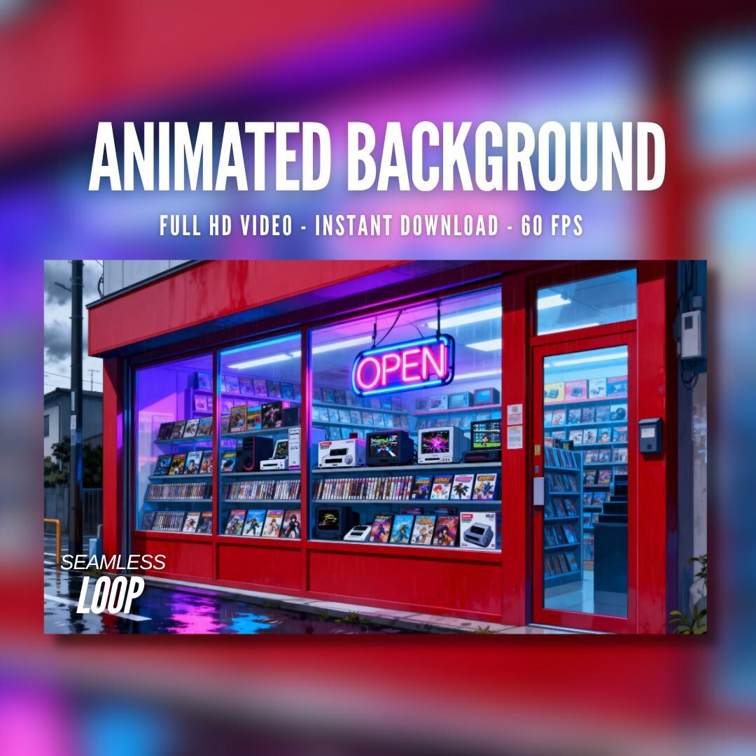 Animated Background | Retro Video Game Shop With Neon Sign & Rainy ...